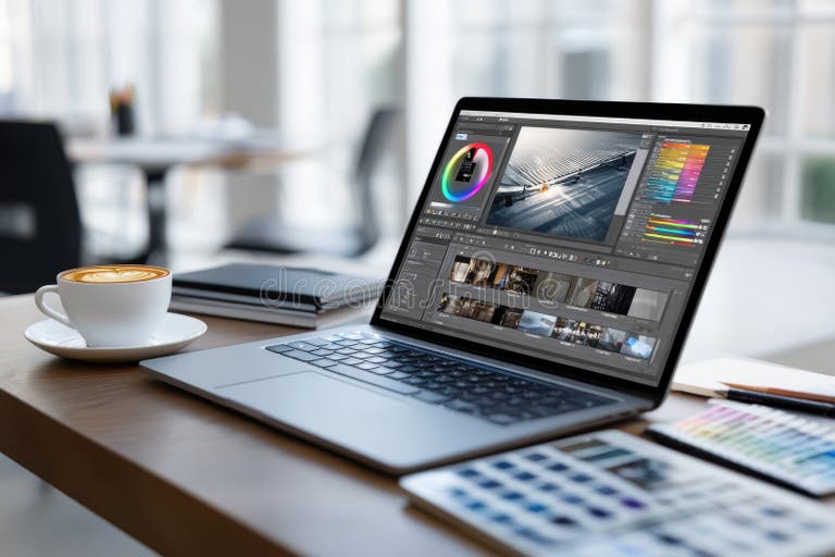 Creative Workspace Featuring Laptop with Editing Software and Coffee ...