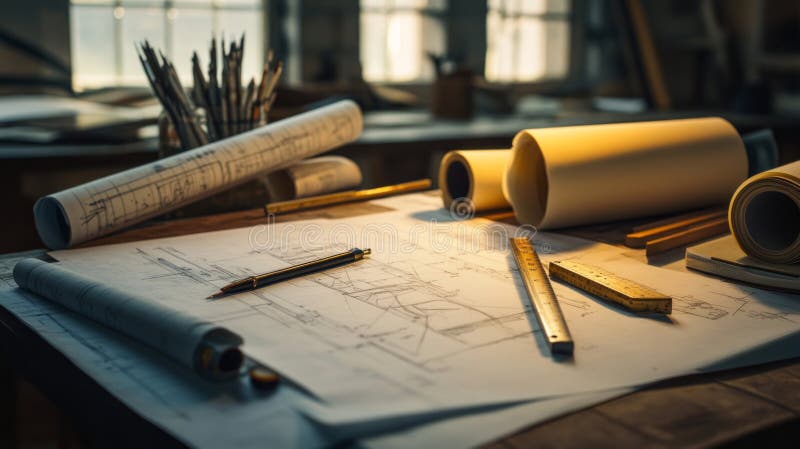 A Creative Workspace Filled with Architectural Plans and Tools. the ...