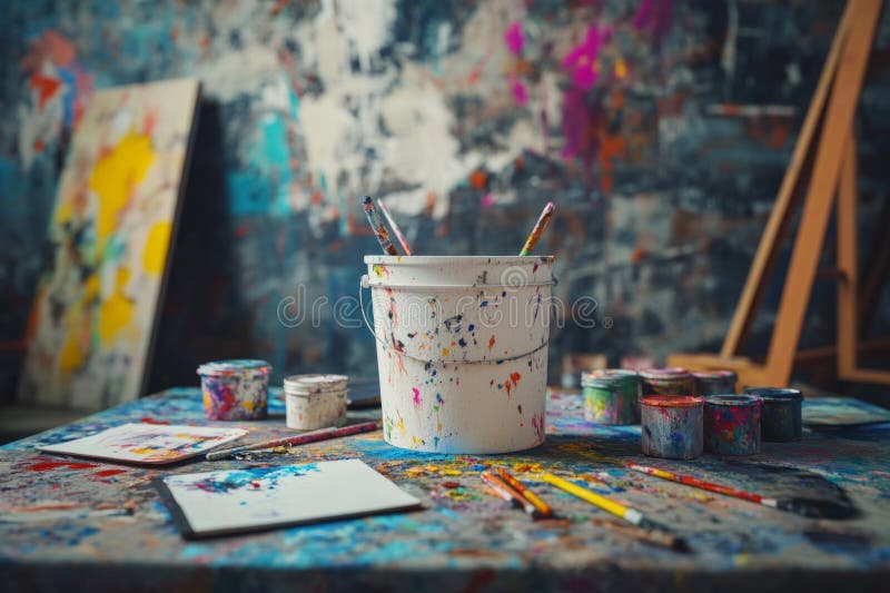 Creative Workspace Filled with Paint and Brushes. a Splash of Colors ...