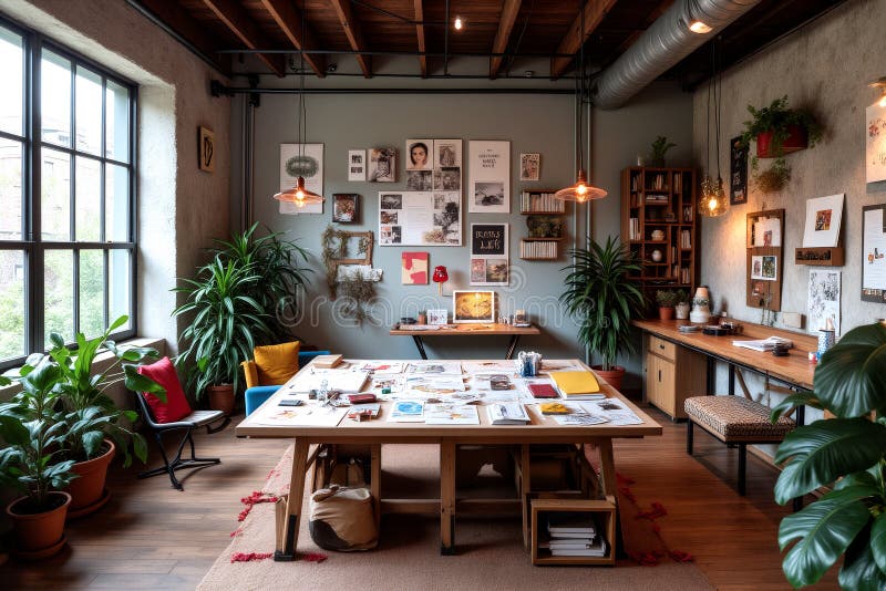 A Creative Workspace Filled with Plants and Art in a Sunlit Room ...