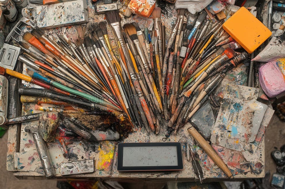 Creative Workspace Filled with Scattered Brushes, Pencils, and Digital ...