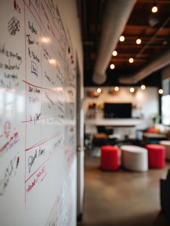 Creative Workspace Filled with Whiteboard Notes and Colorful Seating ...