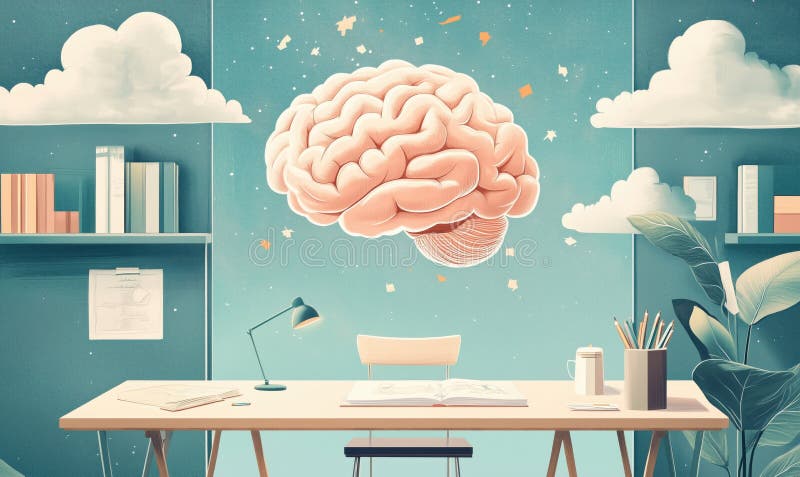 Creative Workspace with Floating Brain Illustration, Bookshelves, Desk ...