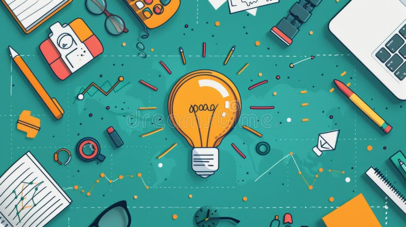 Creative Workspace with a Glowing Light Bulb and Various Tools ...