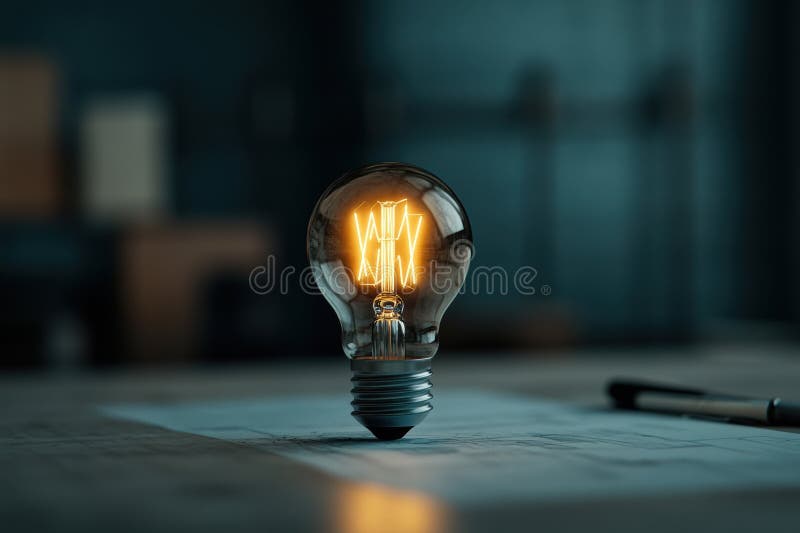 Creative Workspace, a Glowing Lightbulb Illuminates a Rustic Workspace ...