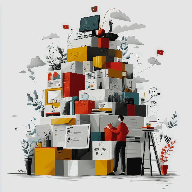 Creative Workspace Illustration Featuring Stacked Boxes, Plants ...