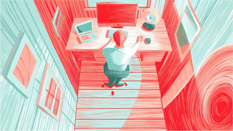 Creative Workspace Illustration with Person at Desk Using Computer in ...
