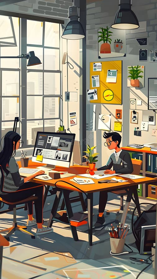 Creative Workspace with Illustrators Working Together Generative AI Stock Illustration ...
