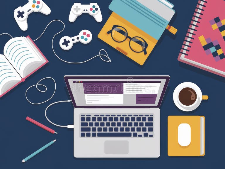 Creative Workspace with Laptop, Books, and Gaming Controllers on Desk ...