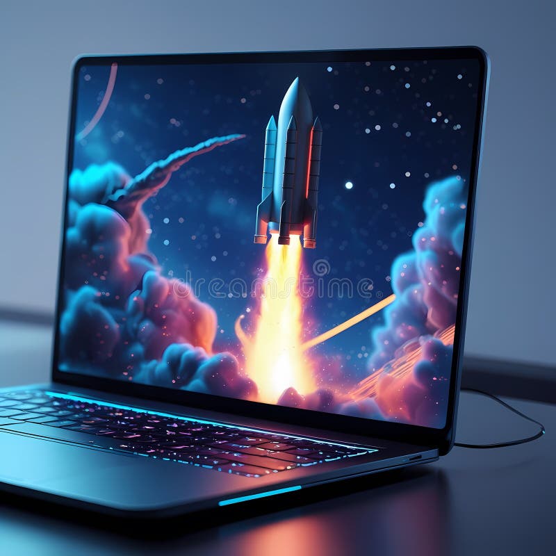 Creative Workspace with Laptop Displaying Rocket Launch in Neon Light ...