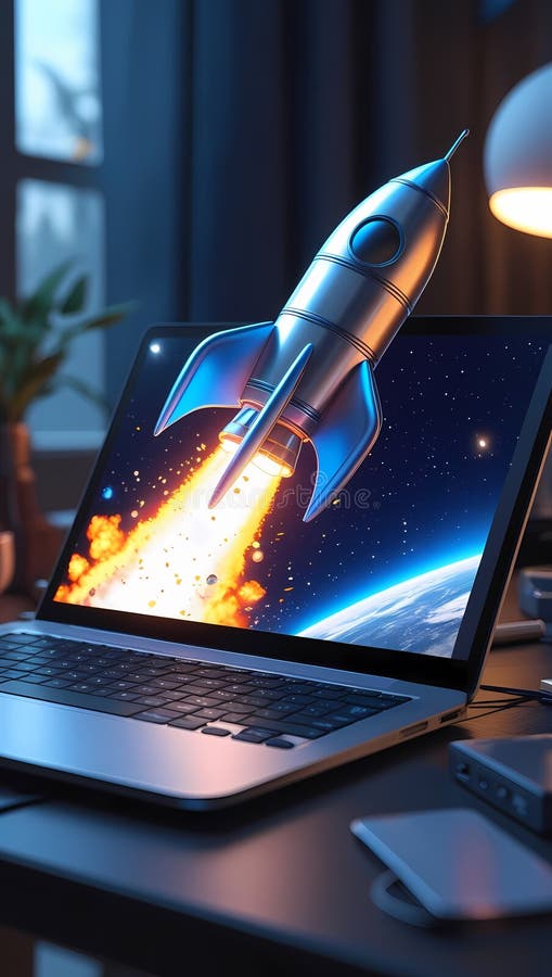 Creative Workspace with Laptop Displaying Rocket Launch in Neon Light ...