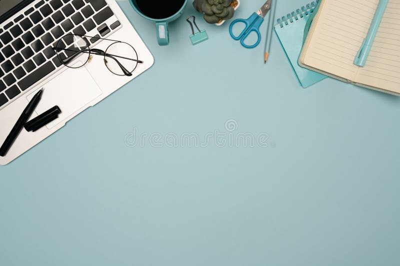 Creative Workspace with Laptop, Glasses and Office Stationery on Pastel ...