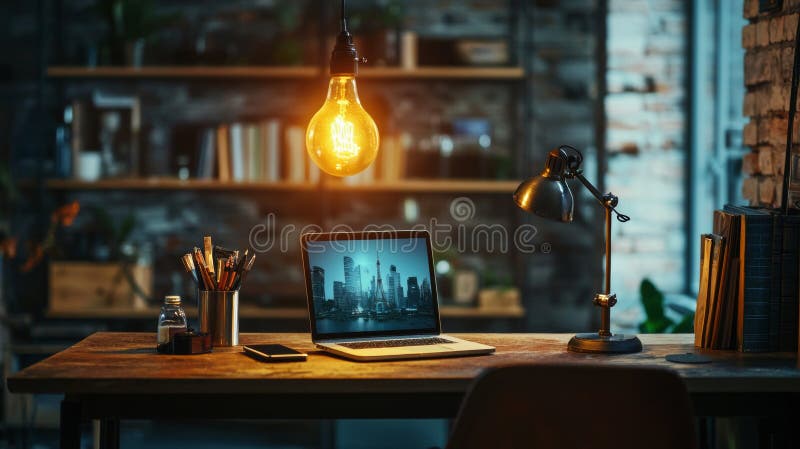 Creative Workspace with Laptop and Light Bulb Stock Photo - Image of ...