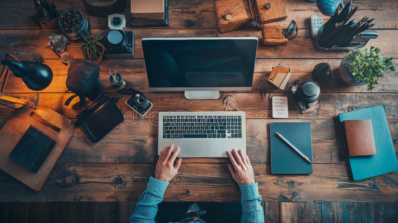 Creative Workspace with Laptop and Vintage Tools on Wooden Desk Stock ...