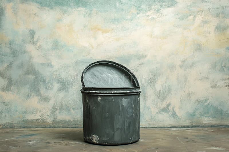 In a Creative Workspace, a Large Open Can Filled with Gray Paint Rests ...