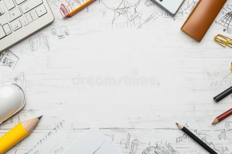 Creative Workspace Layout Featuring Sketching Supplies and Office Tools ...