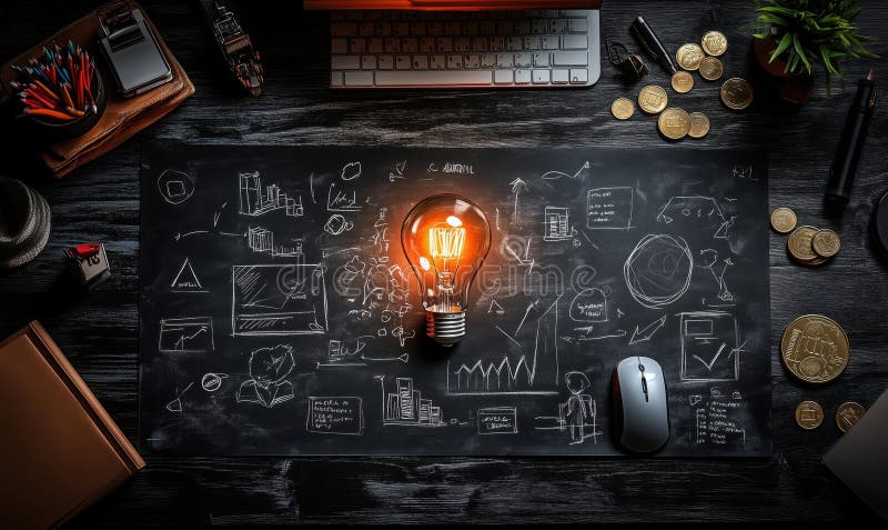 Creative Workspace with Light Bulb and Business Sketches on Chalkboard ...