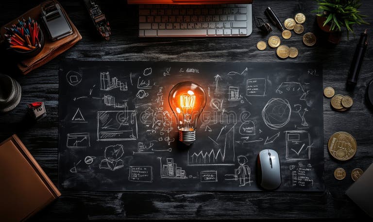 Creative Workspace with Light Bulb and Business Sketches on Chalkboard ...