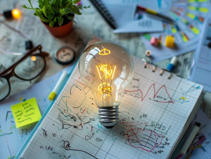 Creative Workspace with Light Bulb and Drawings, Symbolizing Ideas and ...