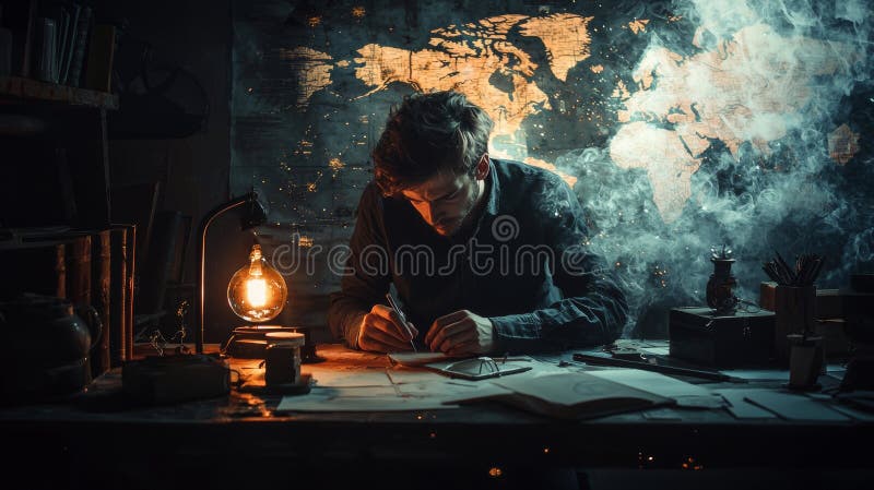 Creative Workspace with a Man Writing Under Vintage Lamp Light Stock ...