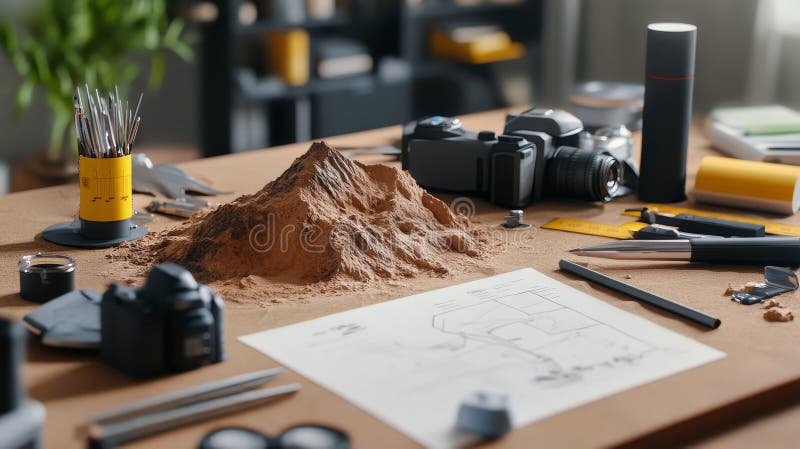 Creative Workspace with Miniature Mountain a Tabletop Scene Symbolizing ...