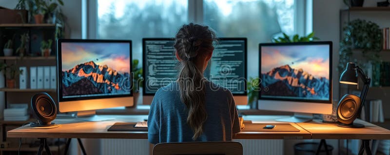 Creative Workspace with Multiple Displays Stock Photo - Image of home ...