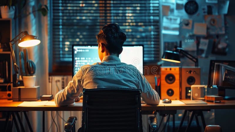 Creative Workspace at Night with Person Focused on Computer Screen ...
