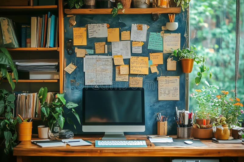 Organized Home Office Setup with Desk, Chair, and Bookshelf Stock Photo ...