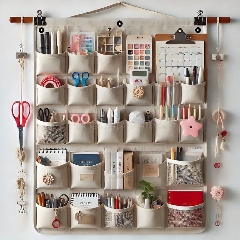 Creative Workspace Organizer with Wall-Mounted Storage Pockets and ...