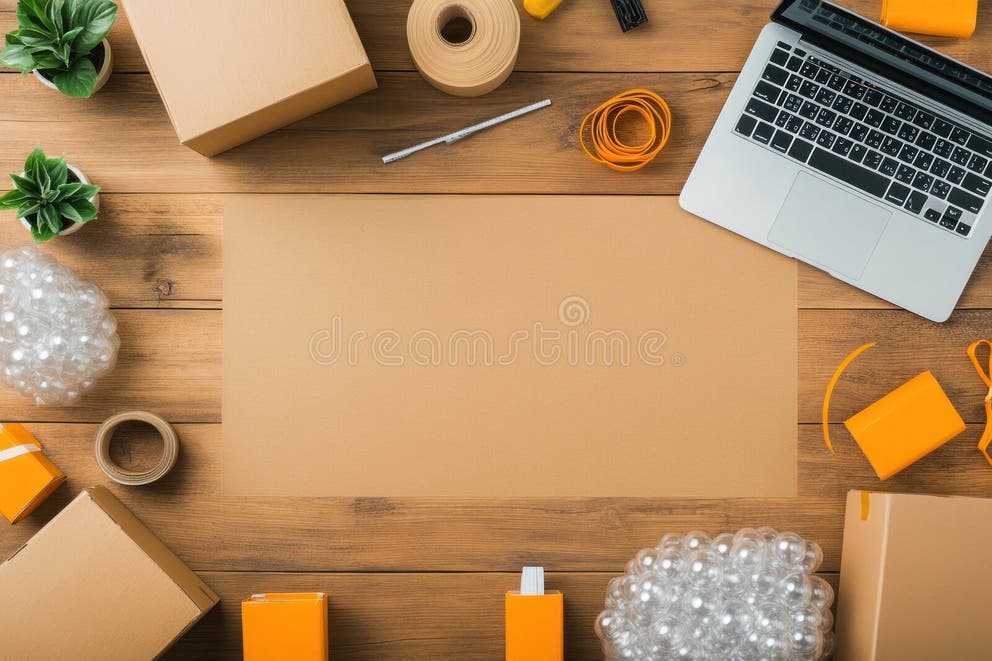 A Creative Workspace with Packaging Materials and Laptop Stock Photo ...