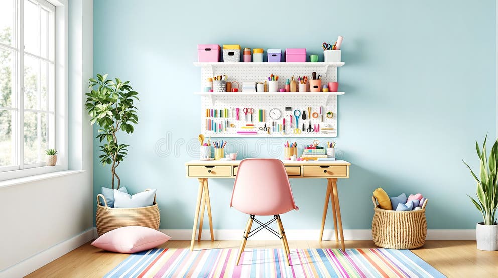Creative Workspace with a Pastel Blue Wall and Organized Shelves in the ...