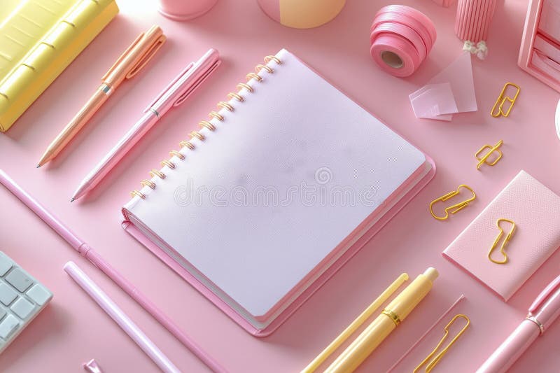 Creative Workspace with Pastel Stationery and a Blank Notebook on a ...