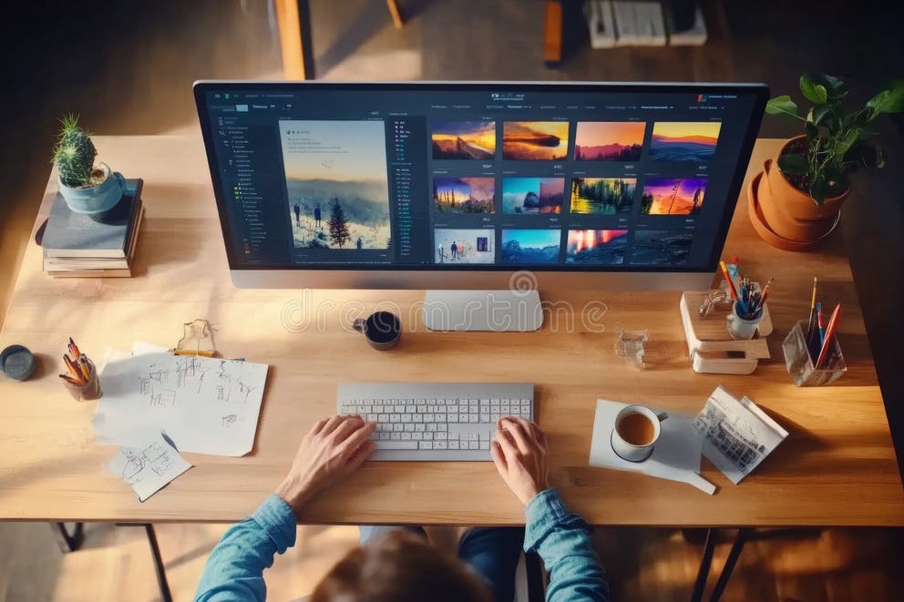 Creative Workspace with a Person Editing Photos on a Computer. the Desk ...