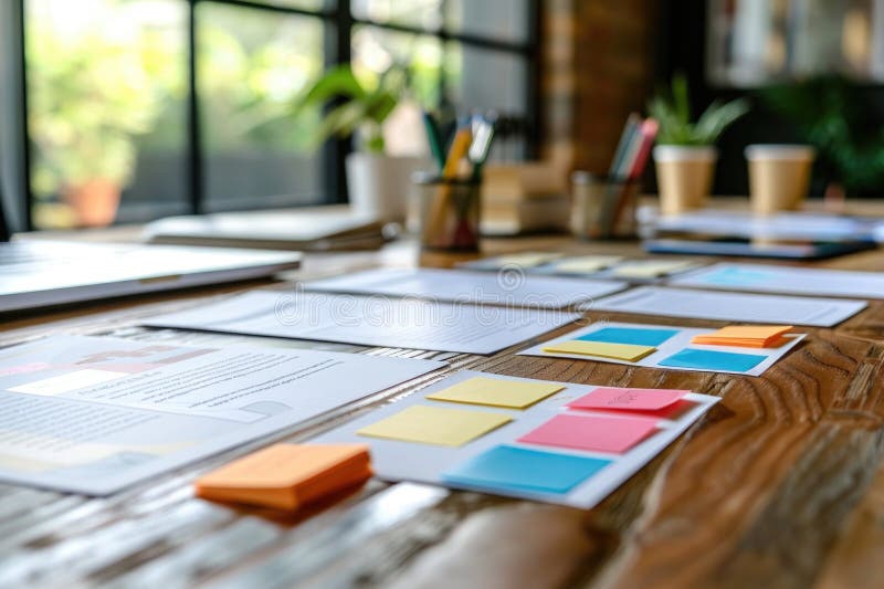 Creative Workspace with Post-it Notes and Documents on Wooden Desk in ...
