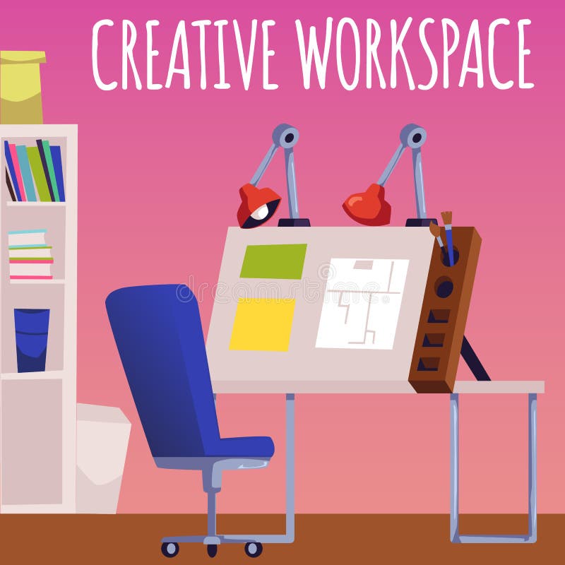 Creative Workspace Poster, Desk with Easel for Architect or Designer ...
