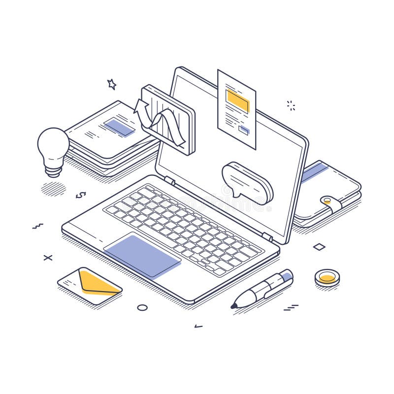 Creative Workspace for Remote Work Featuring Isometric Line Art and ...