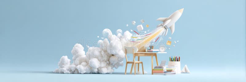 Creative Workspace with Rocket and Desk, Symbolizing Imagination and ...