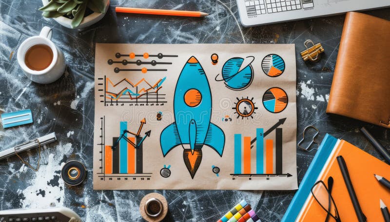 Creative Workspace with Rocket Themed Charts, Graphs, and Coffee Cup ...