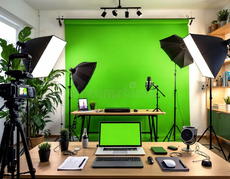 Creative Workspace Setup Featuring Green Screen and Professional ...