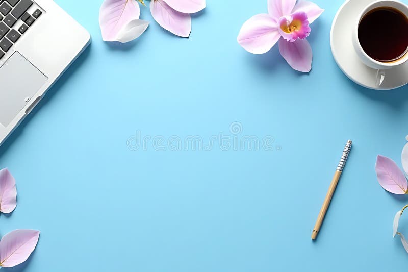 Creative Workspace Setup with Laptop Coffee and Flowers on Blue ...