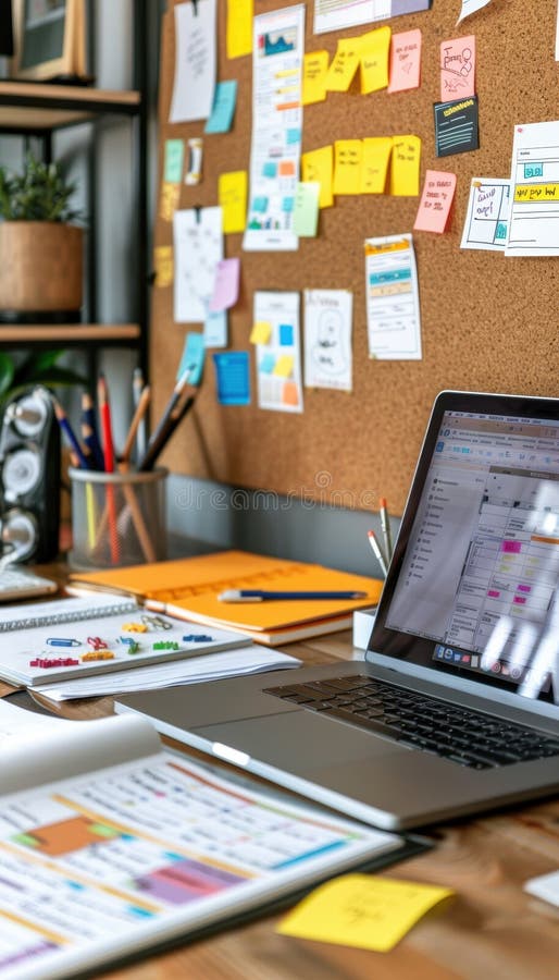 Productive Workspace with Laptop, Planner, and Organized Corkboard for ...