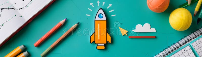 Creative Workspace with Stationery Tools, Rocket Ship Model, and ...