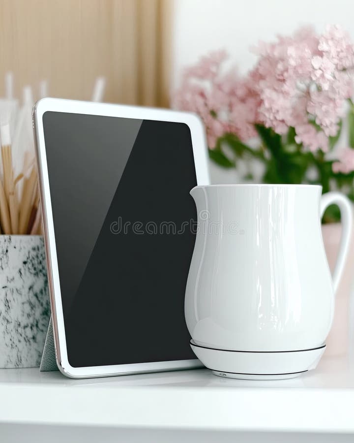 Creative Workspace with a Tablet on a White Desk and Blooming Flowers ...
