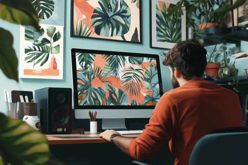 Creative Workspace with Tropical Inspiration Stock Illustration ...