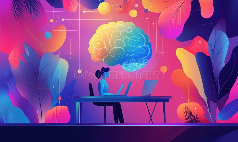 Creative Workspace with Vibrant Colors and Brain Illustration ...