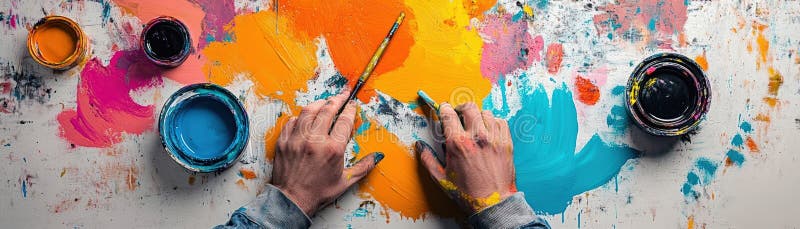 A Creative Workspace with Vibrant Paint Colors and Brushes Showcasing ...