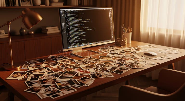 Creative Workspace with Vintage Photos and Coding on Computer Screen ...