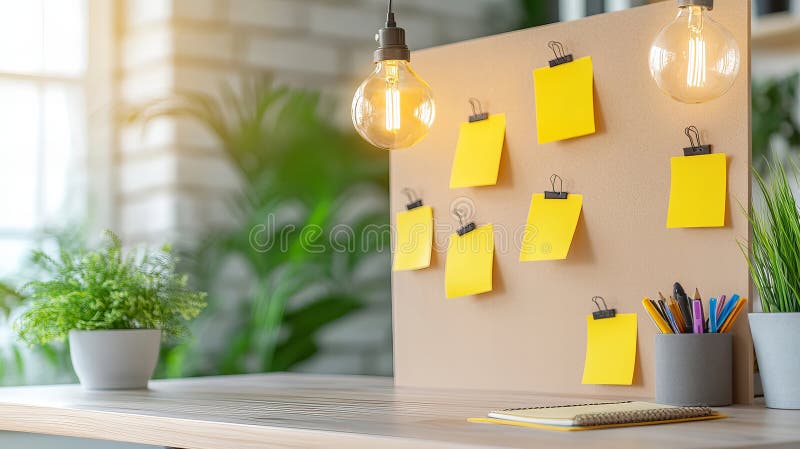 Creative Workspace with Yellow Sticky Notes and Green Plants in Modern ...