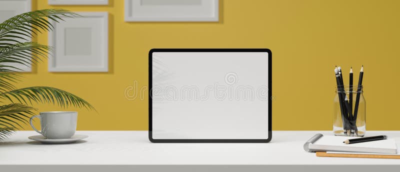 Creative Workspace in Yellow Wall, Empty Tablet Screen with Stationery ...