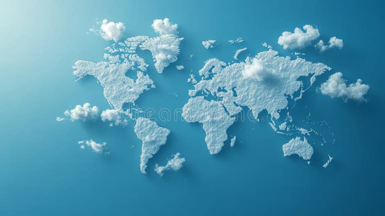 Creative World Map Made of Clouds Against a Blue Sky, Symbolizing ...